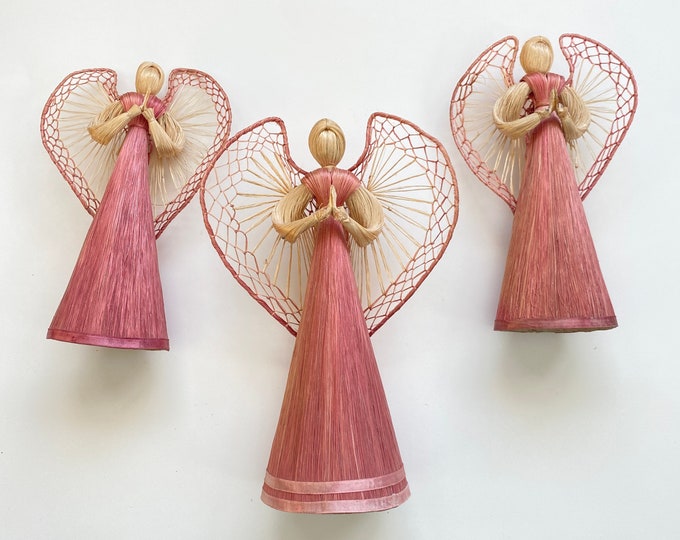 Vintage CORN HUSK ANGELS Set of 3 Matching Pink Ornaments Made in the ...