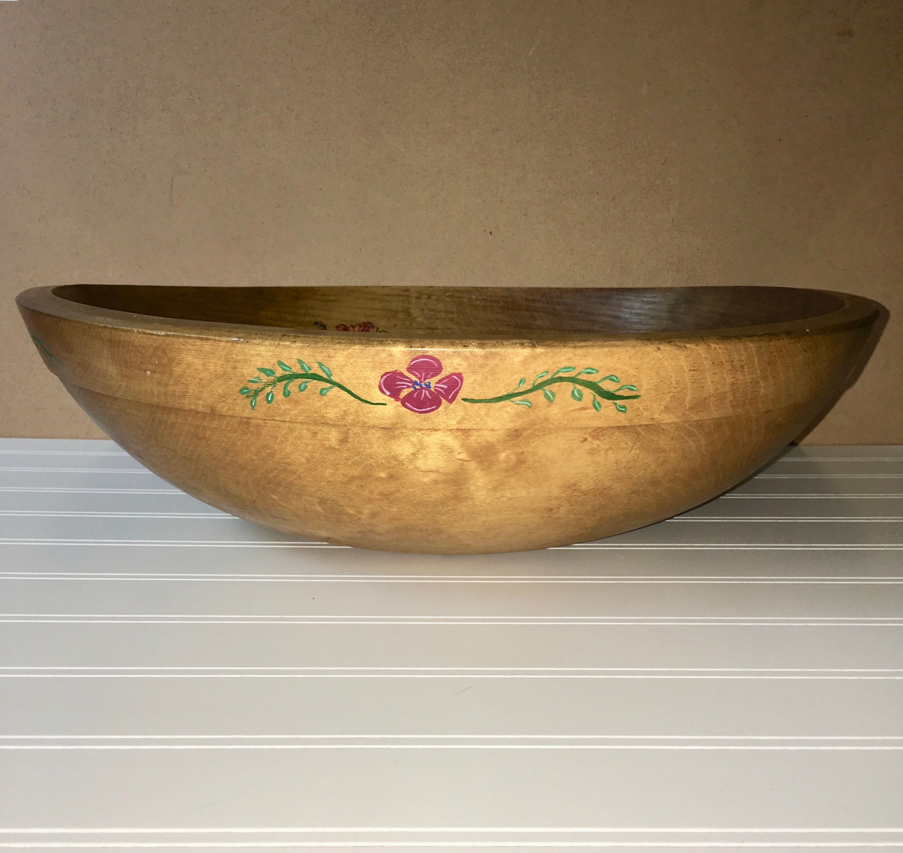 Vintage Large Wooden Bowl Handmade & Hand Painted Distressed Folk Art ...