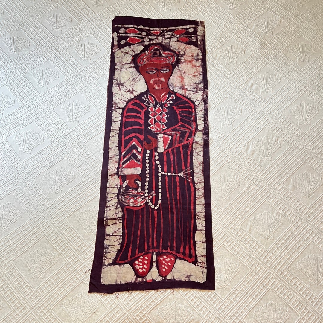 Vintage Batik Painting on Cloth 18" X 50" Man Holding Tea Pot and Beads ...