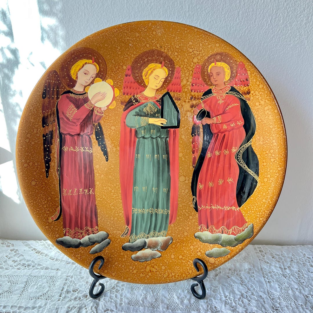 Vtg Fra Angelico Inspired 3 Heavenly Angels in Clouds Plate 14" Wall or ...