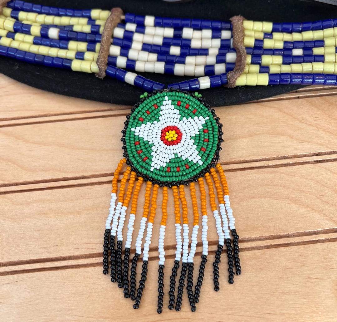 Vtg Beaded CHOKER Native American Indian Style, Blue Yellow & Ivory ...