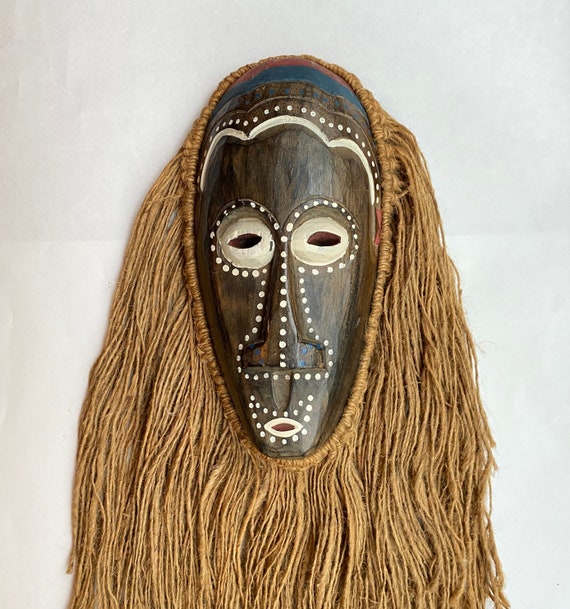 Vintage INDONESIAN MASK White and Blue Dots Long Jute Hair & | Etsy