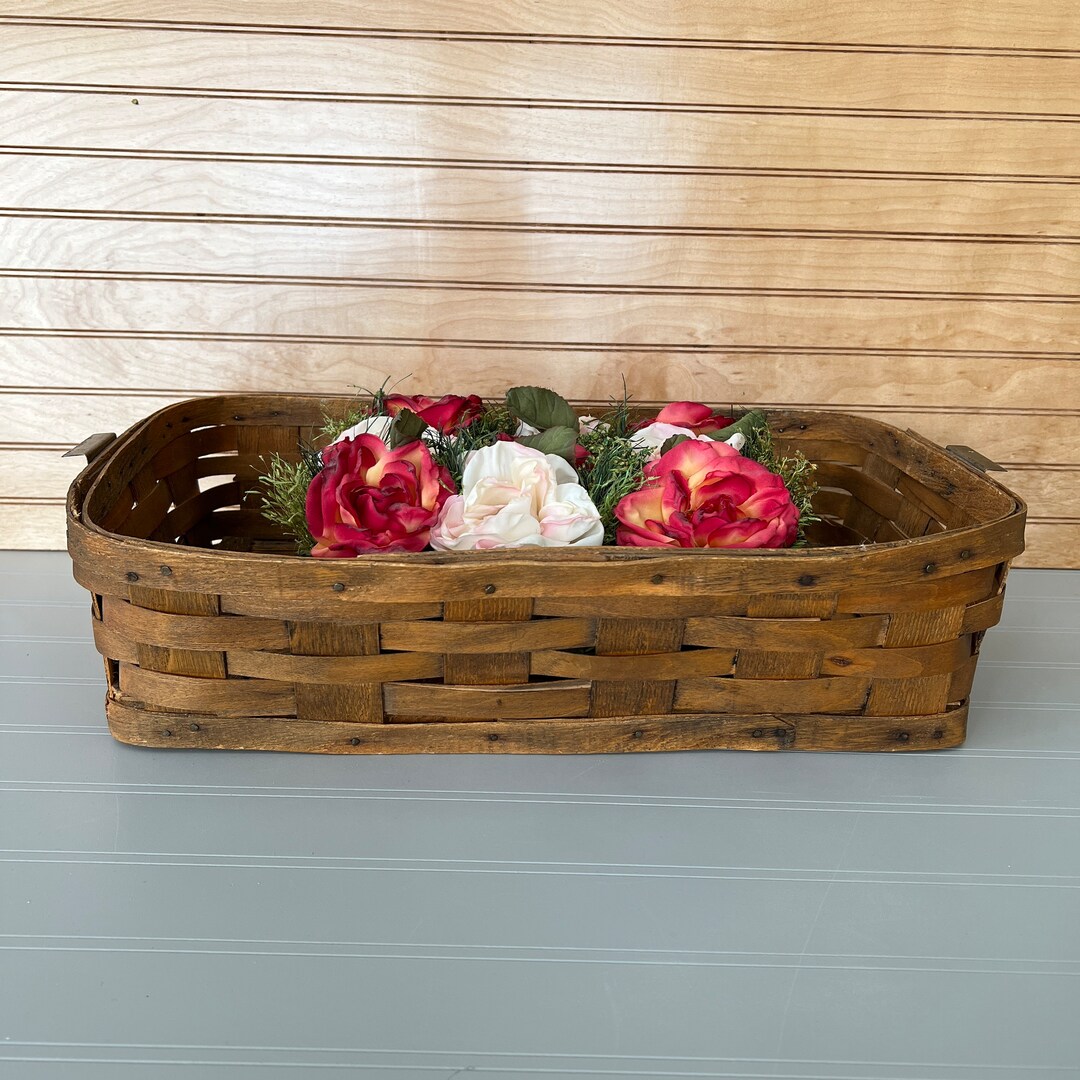 Vintage PRIMITIVE GATHERING BASKET 19x12x5 W/ Two Metal Handles, Large ...