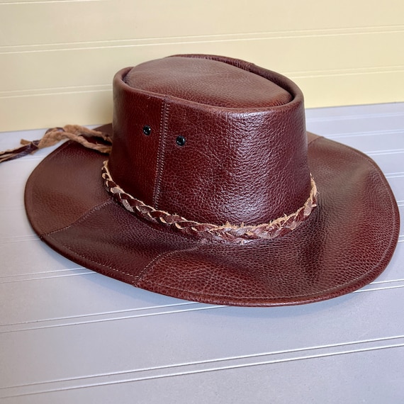 Vintage BROWN LEATHER HAT, Aussie Outback Safari Wes… - Gem