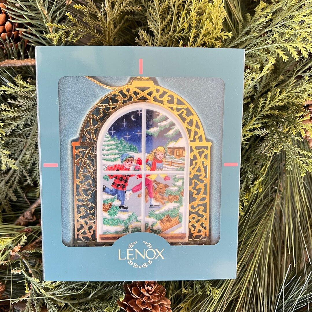 1996 CHRISTMAS WINDOWS by Lenox, Two Sided 4" H Arched Porcelain Window ...