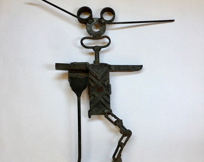 Vintage 17" Black Metal Iron Assemblage, Steampunk Figure, Found ...