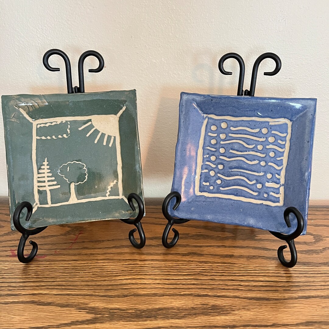 Vtg Square Ceramic Tray Dish Set of 2, Handcrafted Slab Art Pottery ...