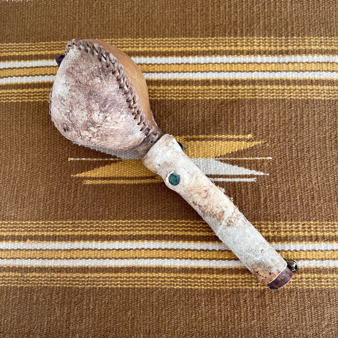 Vtg 3-SIDED RAWHIDE RATTLE 11-1/2 L Native American Shaman Shaker ...