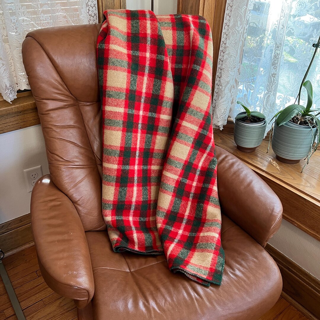 Vintage WOOL BLANKET 57x70" Red Green Cream Plaid Woven for Cabin ...