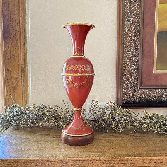Vintage ENAMELED METAL VASE With Wood Base 13-1/2 H - Etsy