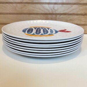 Vtg 8 CRATE & BARREL Melamine Fish Plates, 8-1/2" Blue Red Yellow on ...
