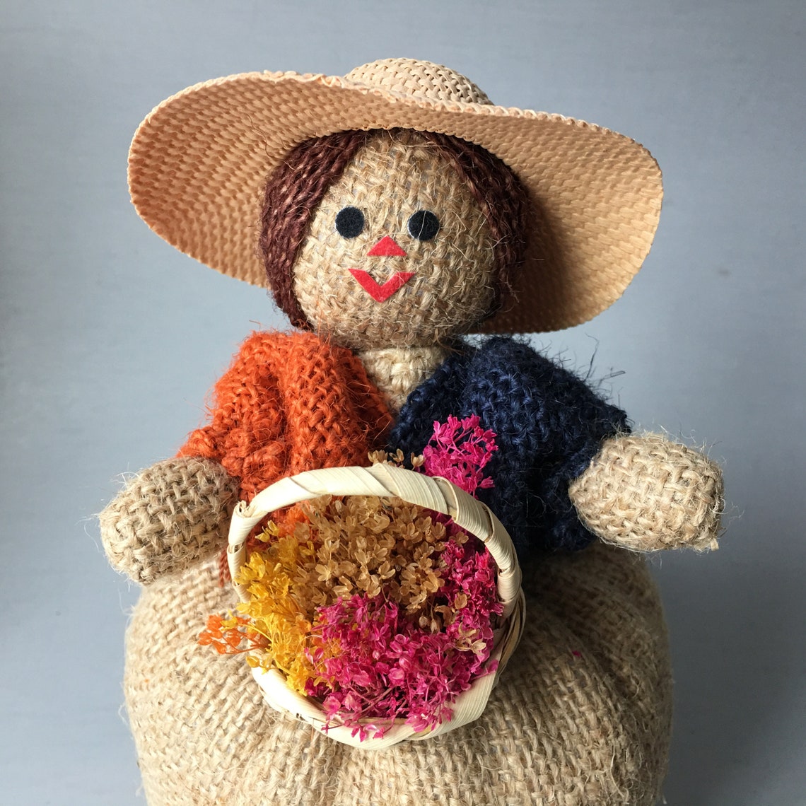 Vintage Stuffed Burlap Doll W/ Basket of Flowers Hat Shawl - Etsy