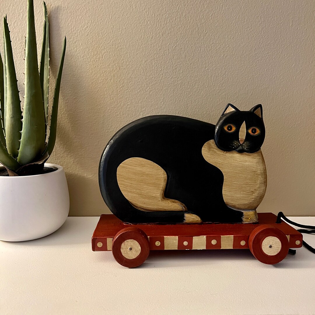 Vintage CAT PULL TOY Wooden 8 Painted Country Folk Art - Etsy