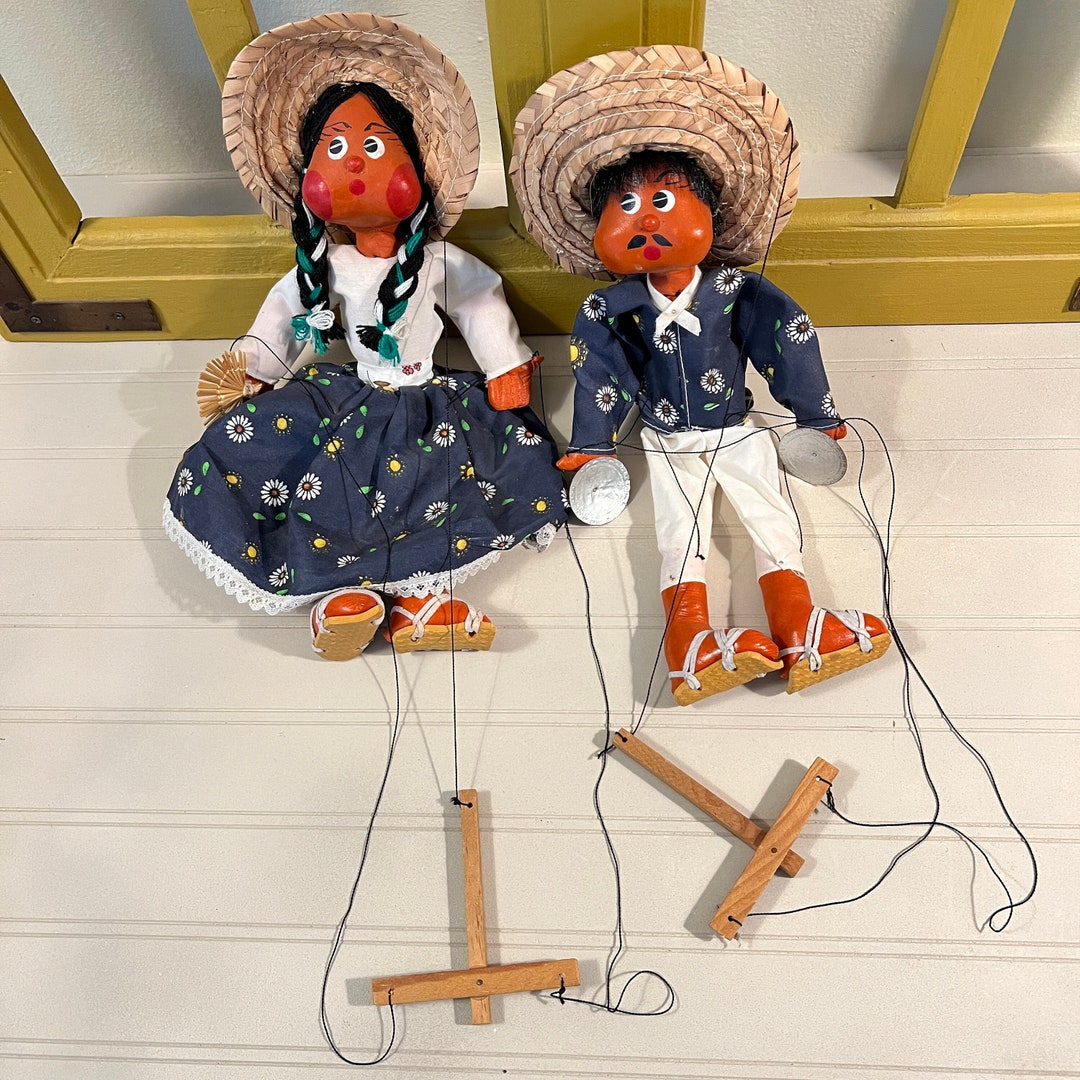 1960s MEXICAN DOLL MARIONETTES Set Handmade Painted Oil Cloth Folk Art ...