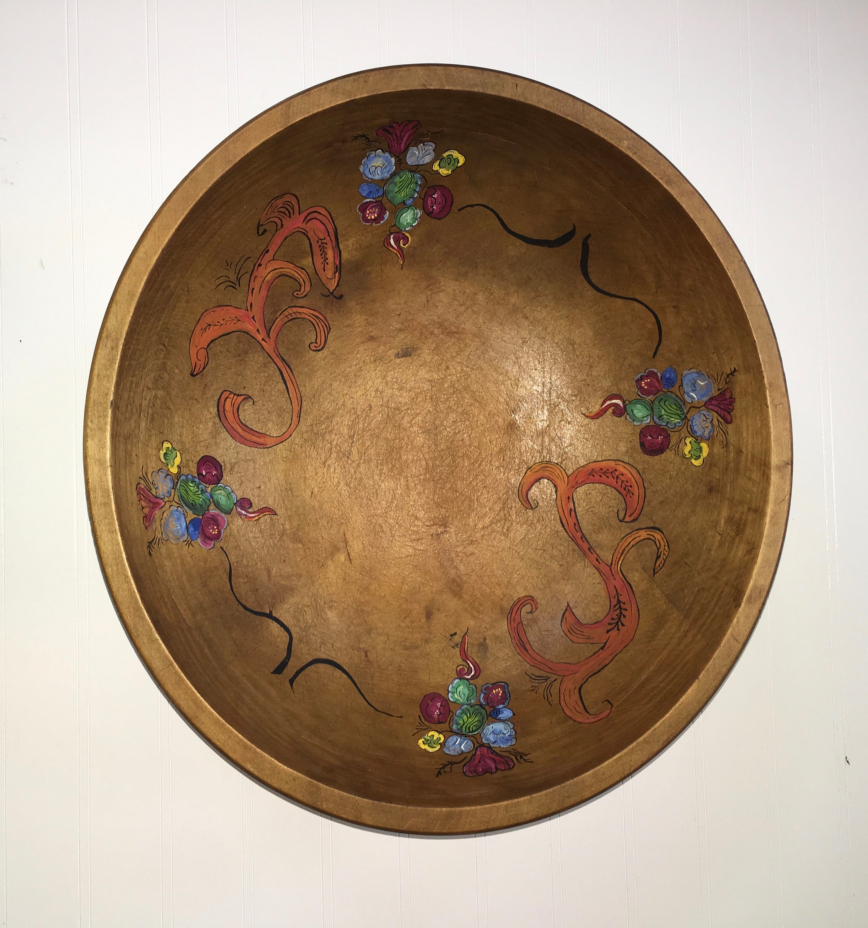 Vintage Large Wooden Bowl Handmade & Hand Painted Distressed Folk Art ...