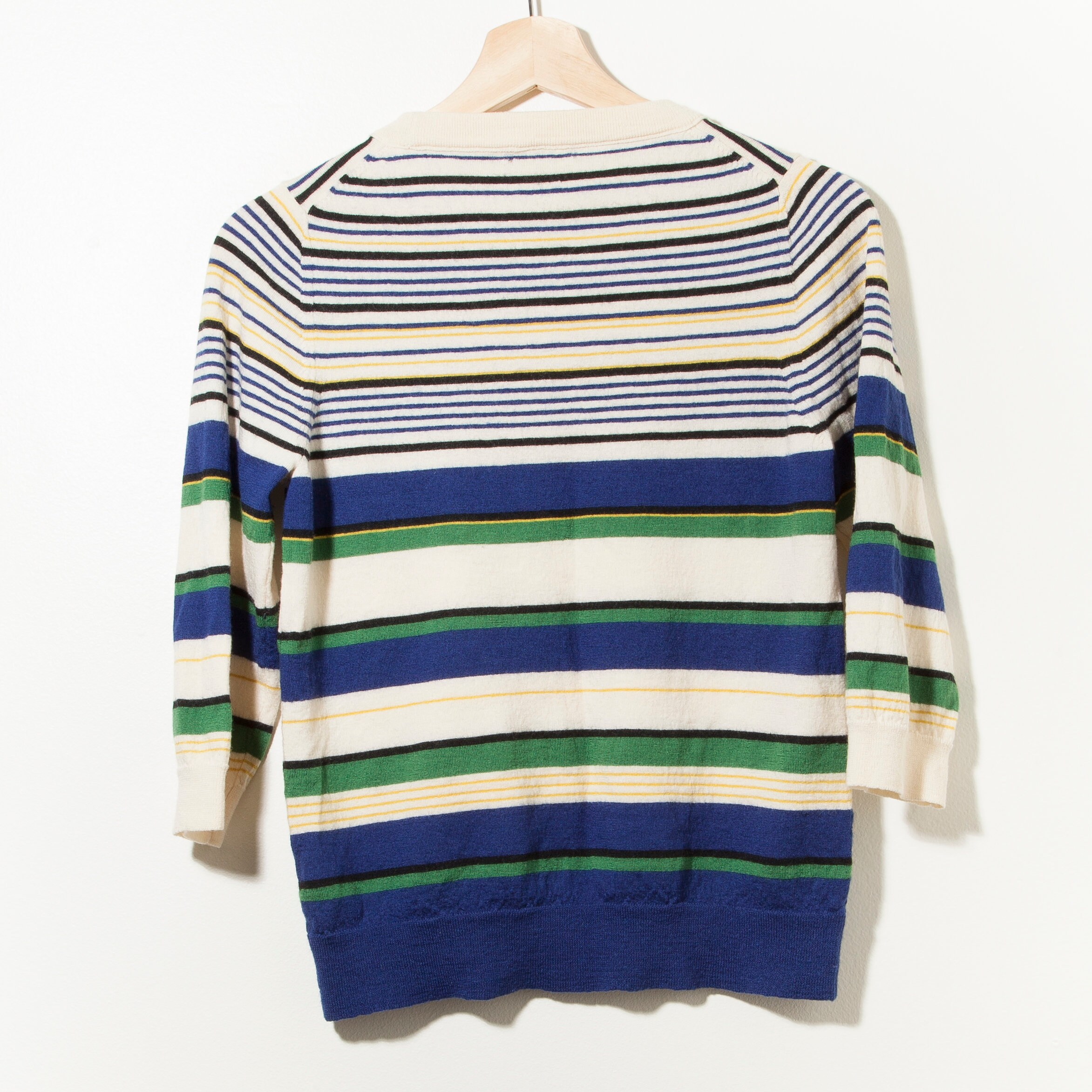 90s Stripped Sweater 3/4 Sleeve Distressed Retro Blue Green Cream Wool ...