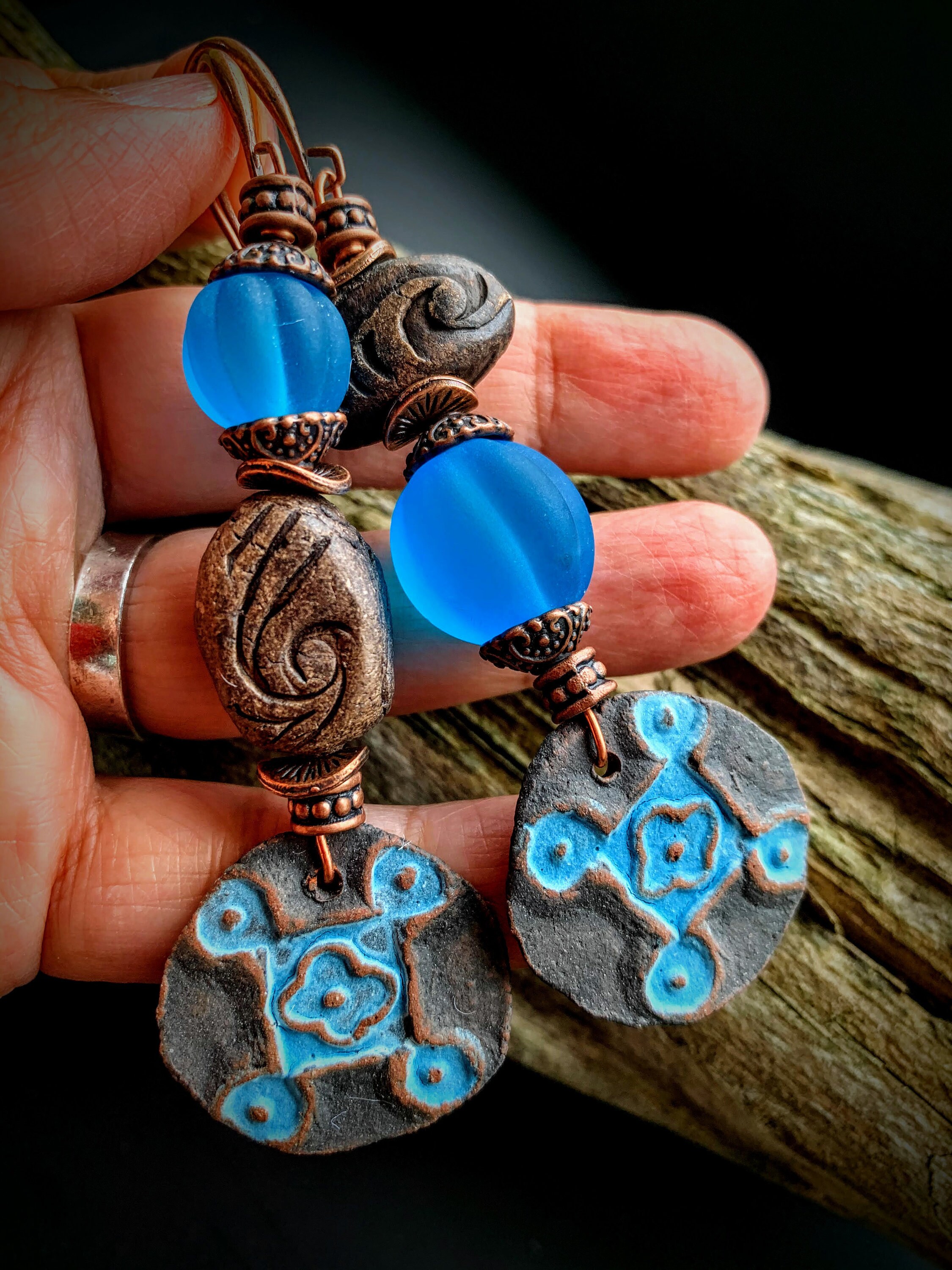 Royal Cobalt Blue Long Tribal Disc Earrings, Primitive Artisan Clay ...