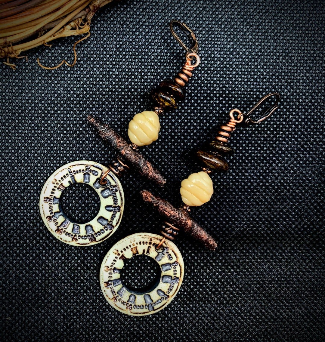 Artisan Ceramic Clock Earrings: Rustic Czech Glass Dangle Earrings - Etsy