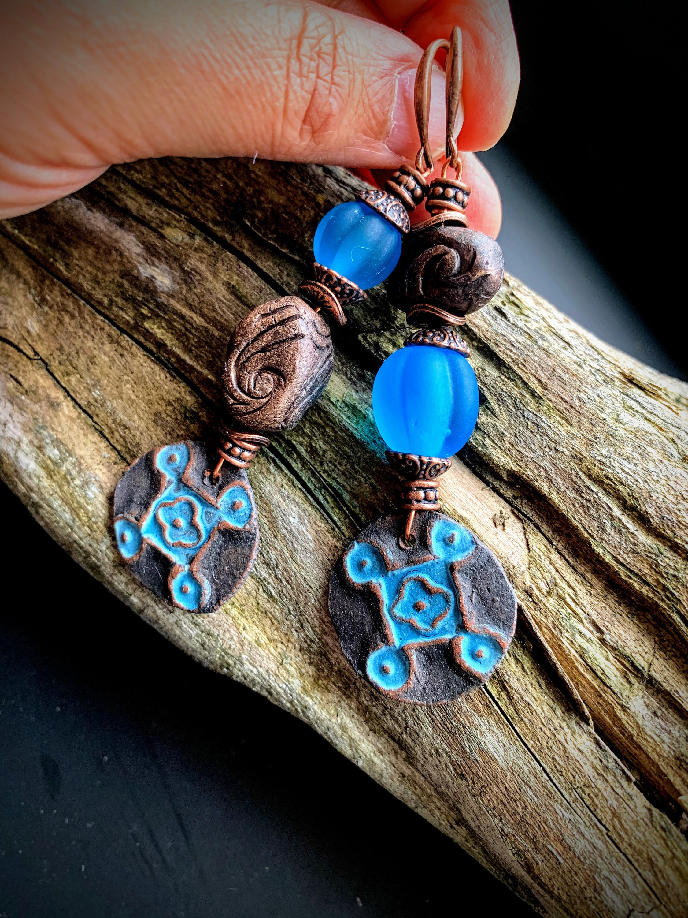 Royal Cobalt Blue Long Tribal Disc Earrings, Primitive Artisan Clay ...