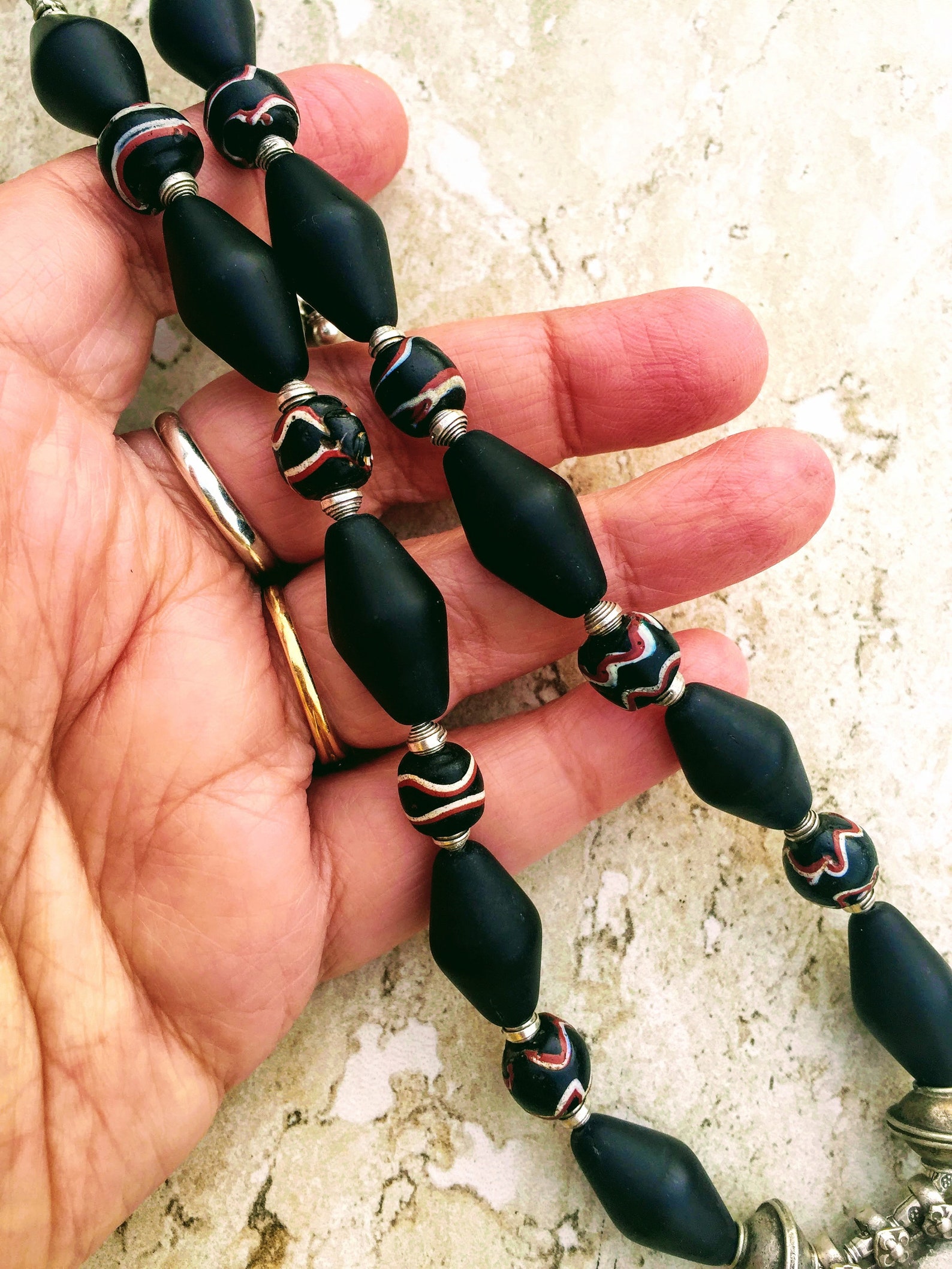Venetian Trade Bead Necklace: Antique Silver Pendant, Tribal Fusion ...