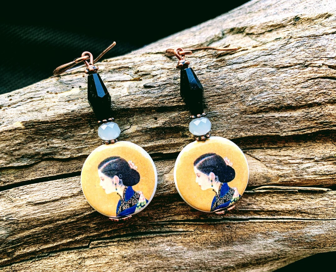 Artisan Ceramic Tile Earrings: Japanese Kimono, Czech Glass Beads - Etsy