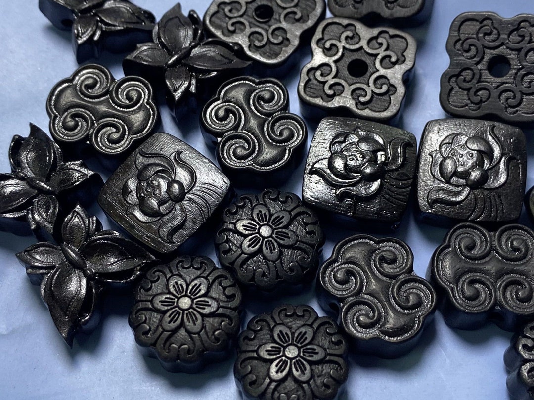 2 Blackwood Carving Beads: Embossed Flower Sandalwood Spacer Beads - Etsy