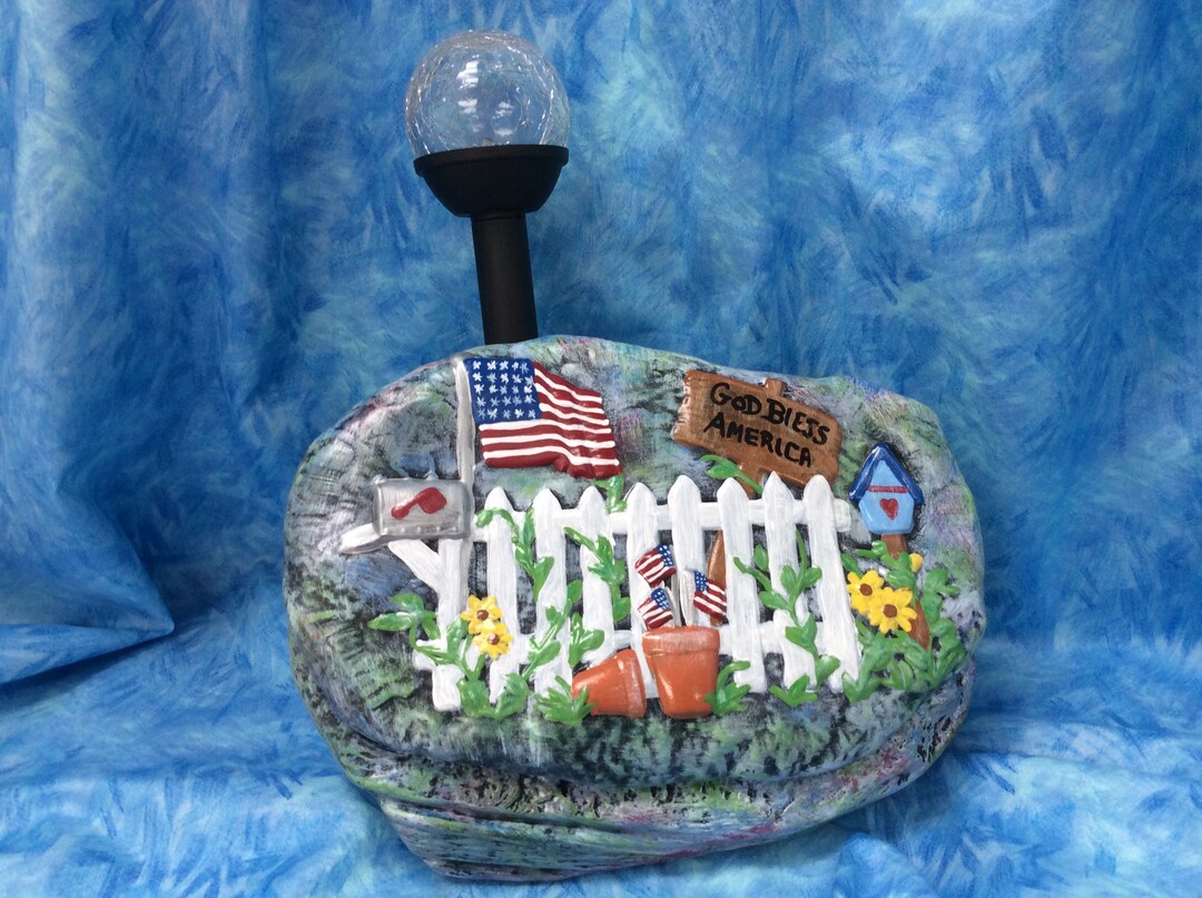 Solar Ceramic Rock With Flag - Etsy