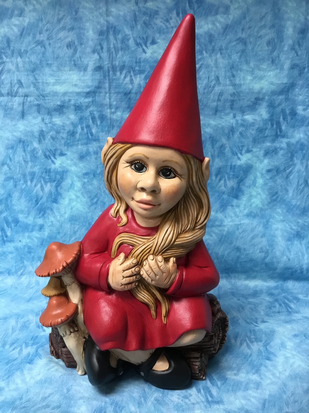 Girl Gnome, Handcrafted Gnome, Red Gnome, Girl Gnome on Mushroom, Artsy ...
