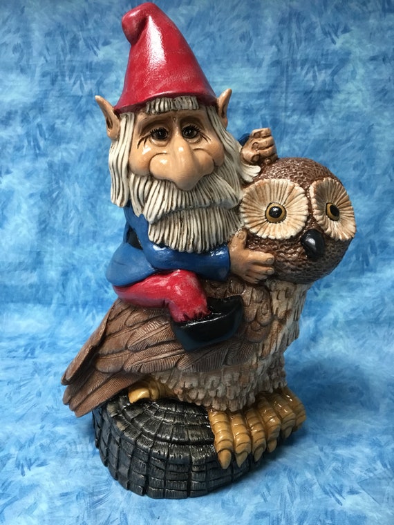 Gnome Riding His Owl Handcrafted Gnome on Owl Gnome and Owl - Etsy