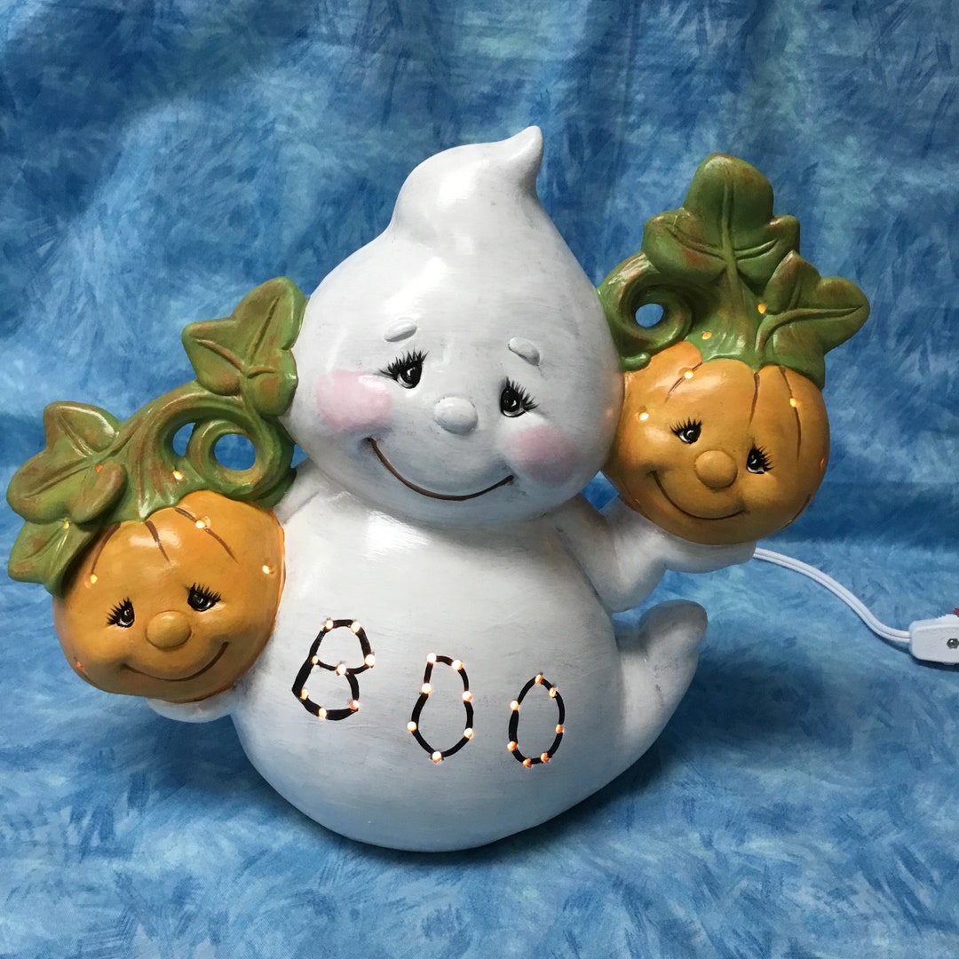 Handcrafted Ceramic Ghost With Pumpkin With Light, Lighted Ghost Hoding ...