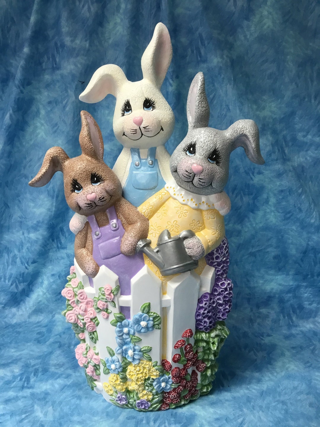 Spring Time Bunnies With Floral and Fence, Bunnies Garden Art, Bunny ...