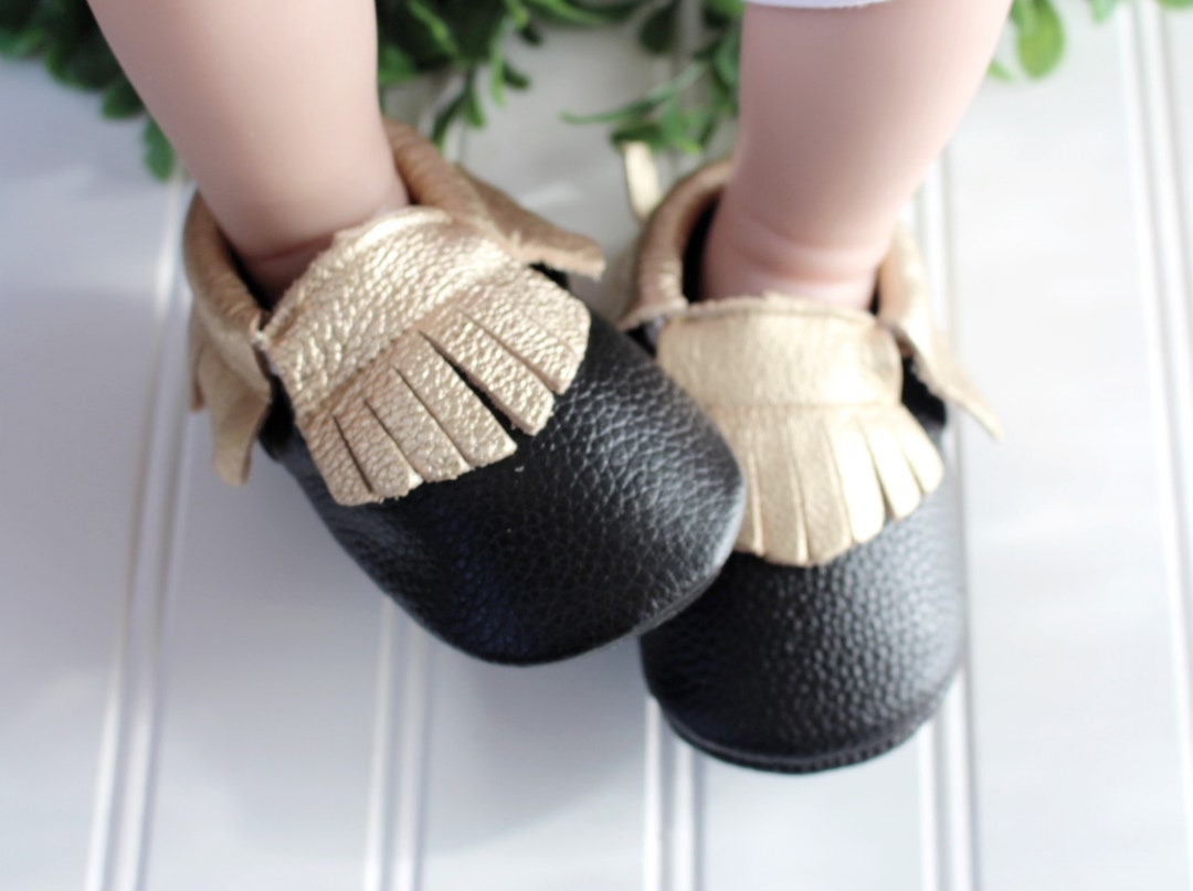Black Leather Moccasins...baby Girl Shoes..soft Sole Shoes..fancy Shoes ...