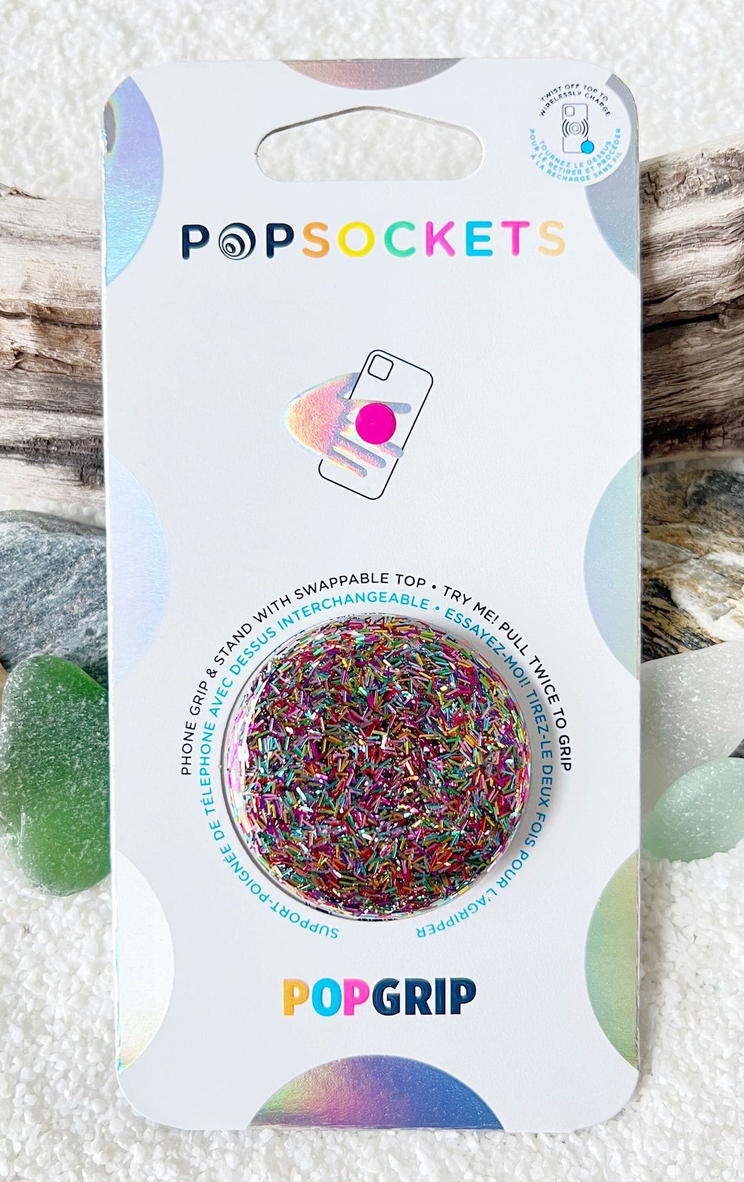 Celebration Tinsel Glitter Swappable Popsocket, Clear Base Popsocket ...