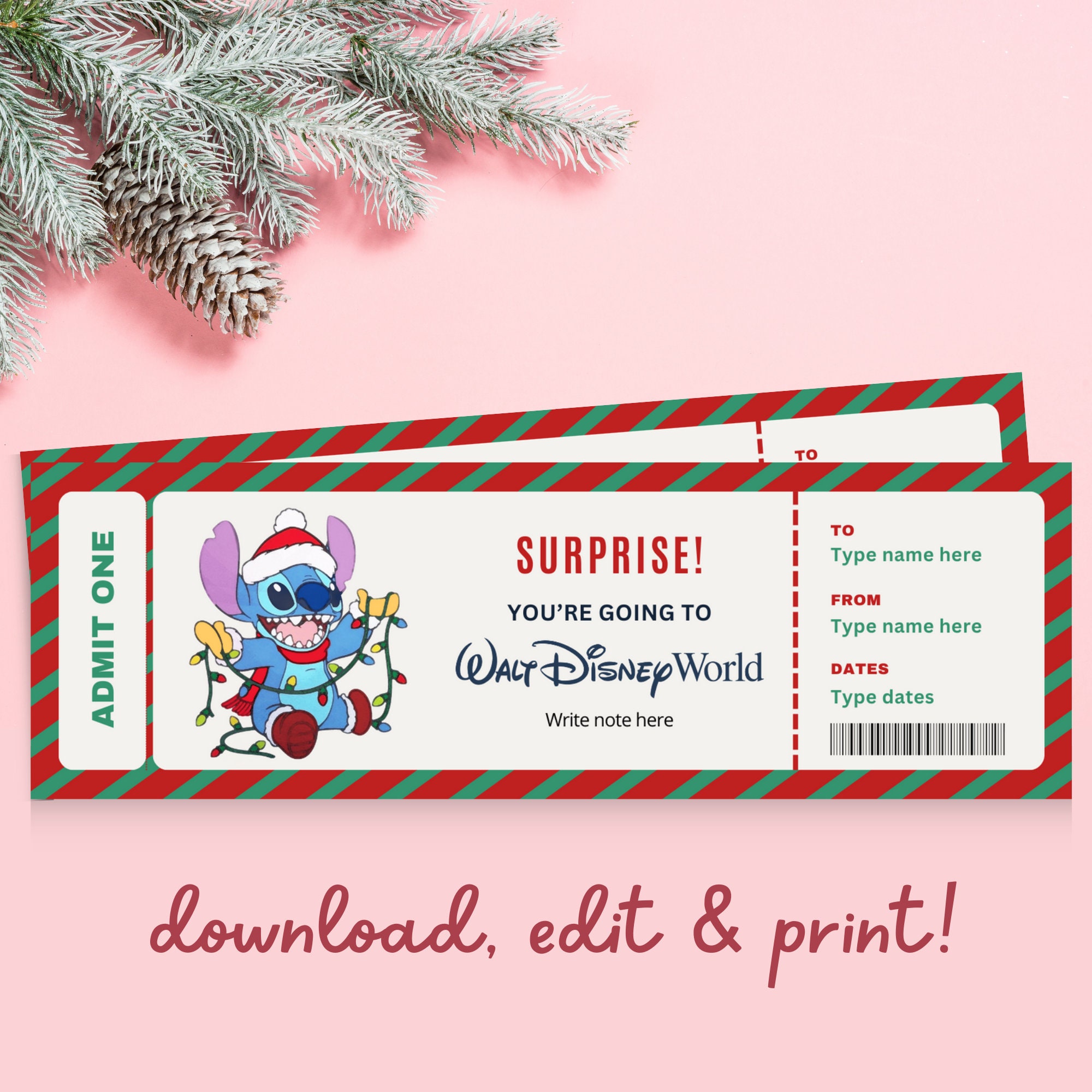 Editable Ticket Stitch Plane Theme Park Vacation Present Idea Digital ...