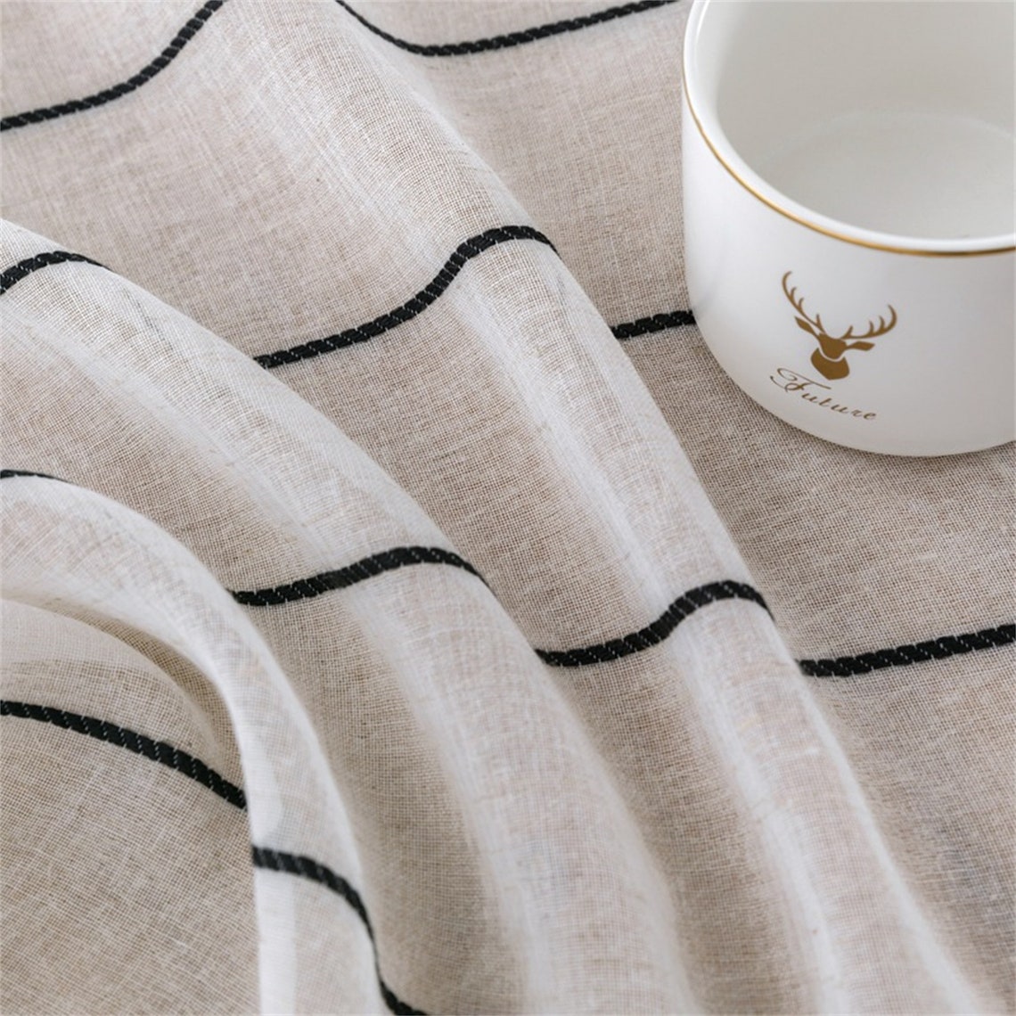 Nature White Linen Sheer Curtain Fabric With Even Wide Black Pinstripes ...
