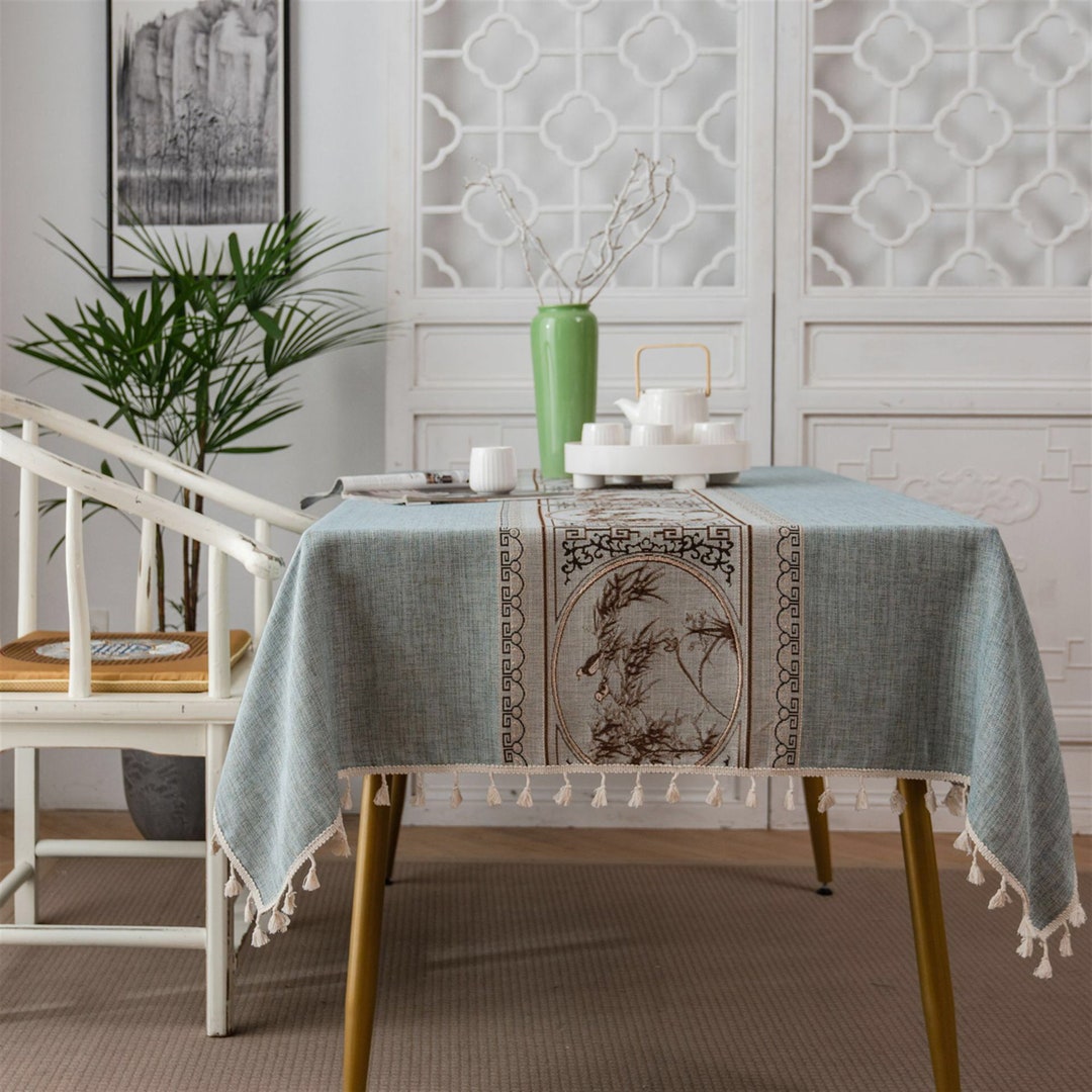 Embroidered Bamboo Bird Tablecloth: Blue Green Cotton Linen With ...