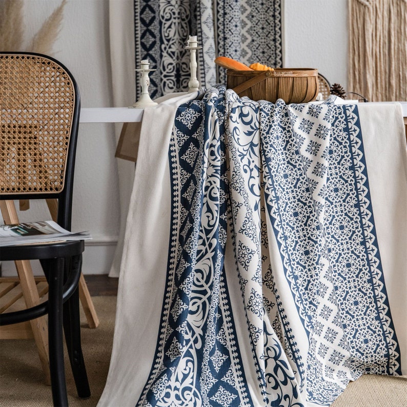 Blue Diamond Bohemian Curtain: Vintage Floral Print Linen Cotton Panel ...