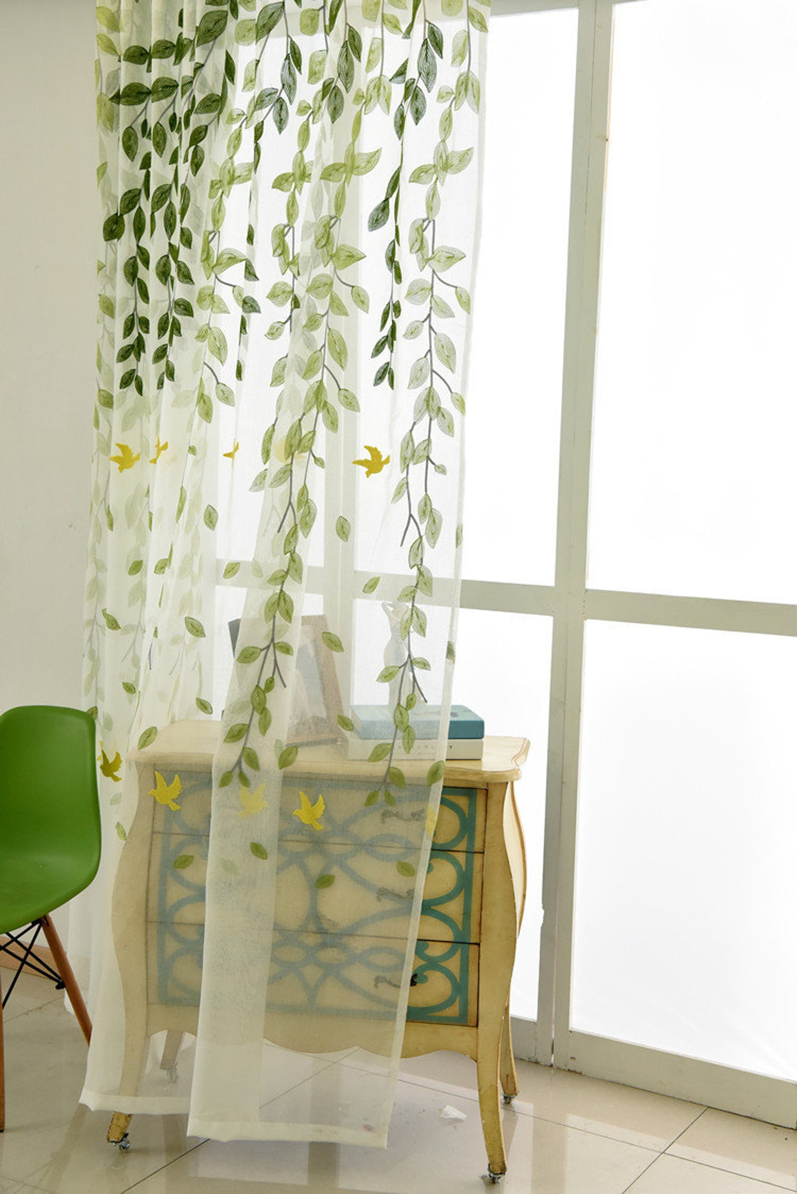 Custom Green Leaves Embroidered Sheer Curtain flying Swallow - Etsy