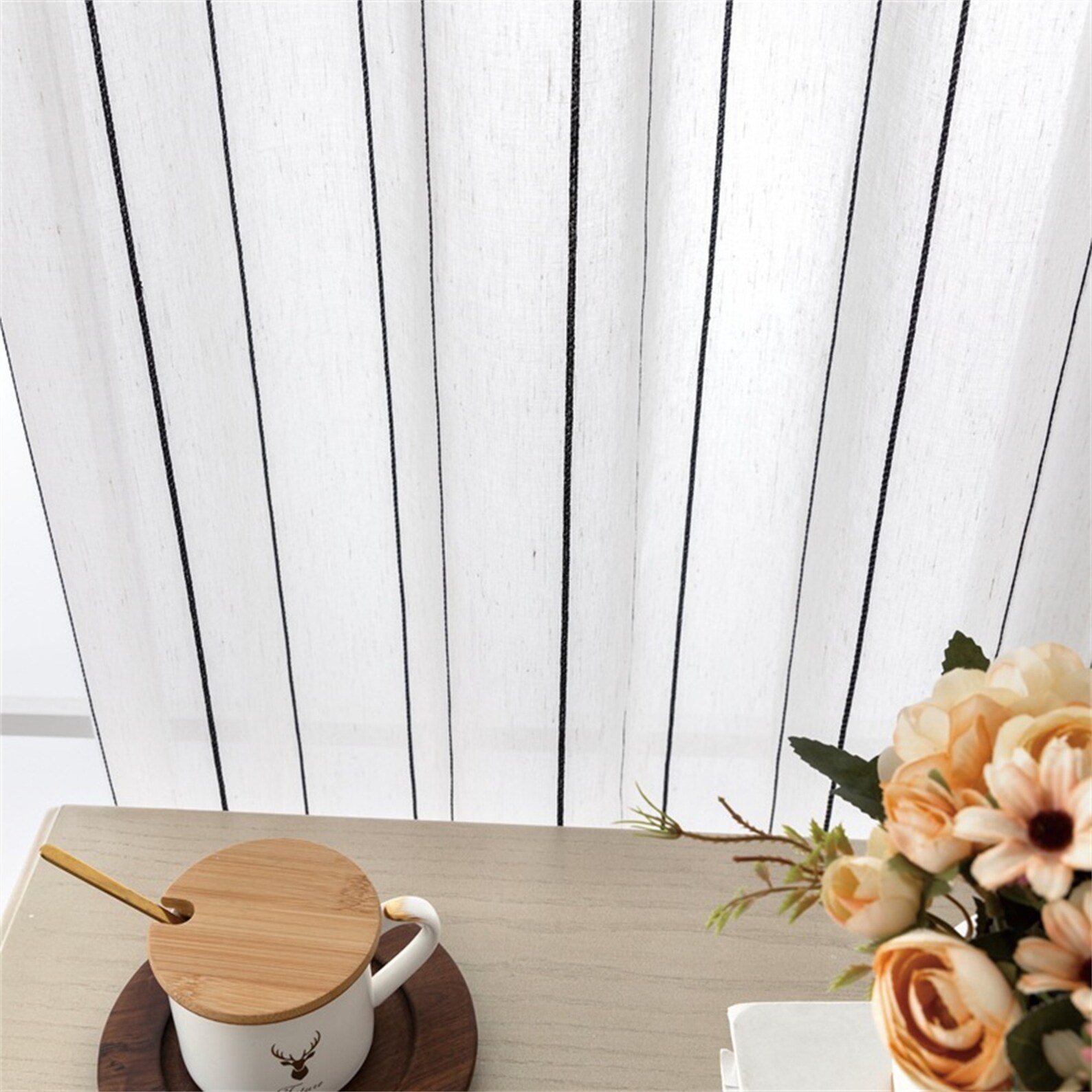 Nature White Linen Sheer Curtain Fabric With Even Wide Black Pinstripes ...
