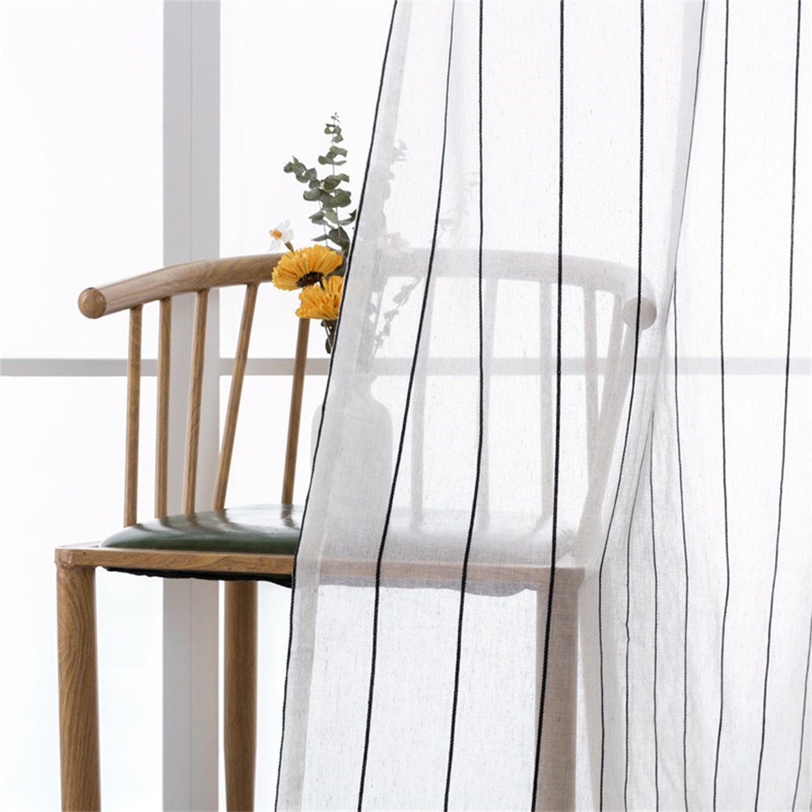 Nature White Linen Sheer Curtain Fabric With Even Wide Black Pinstripes ...