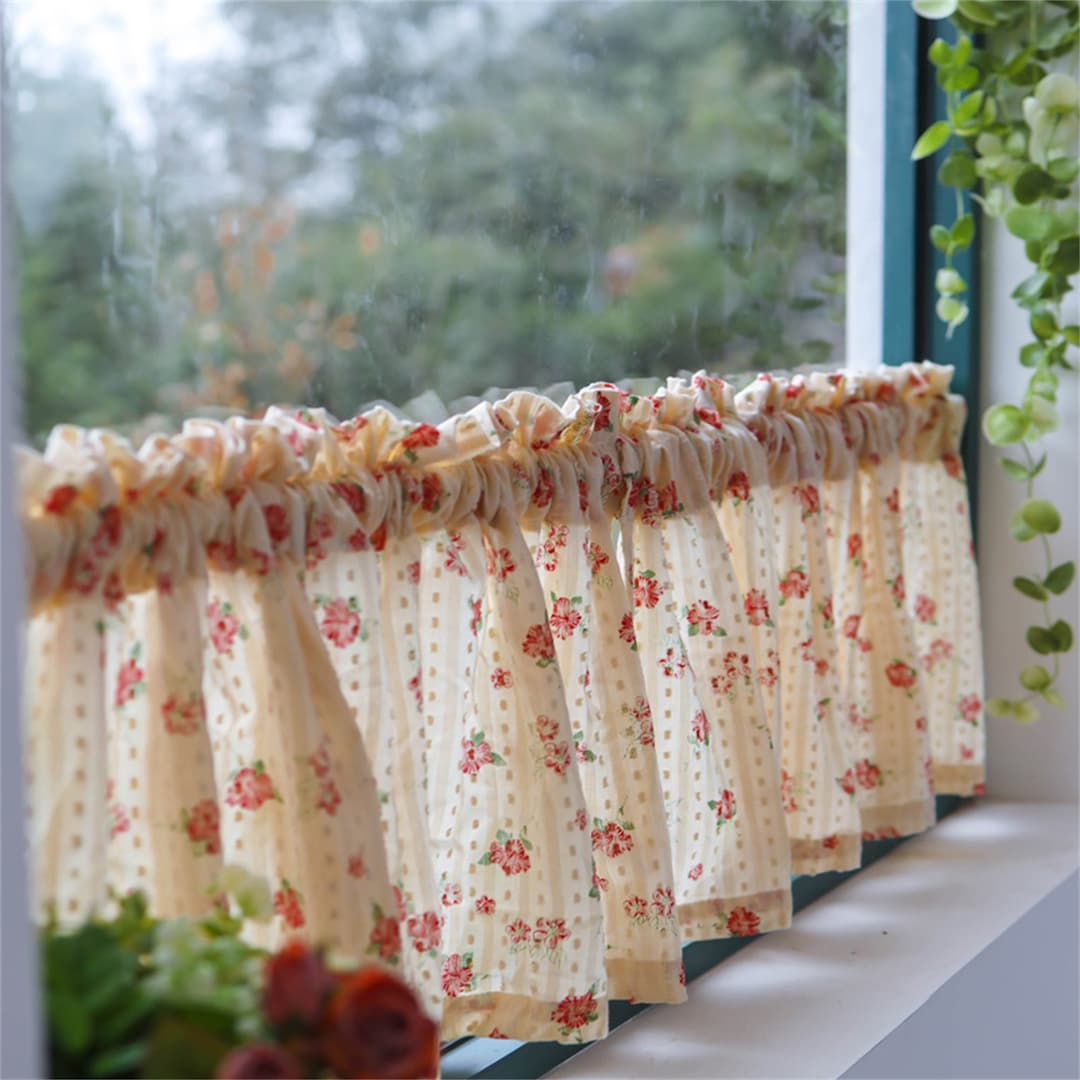 Linen Cafe Curtains (2 Panels): Red Morning Glory Floral Print - Etsy