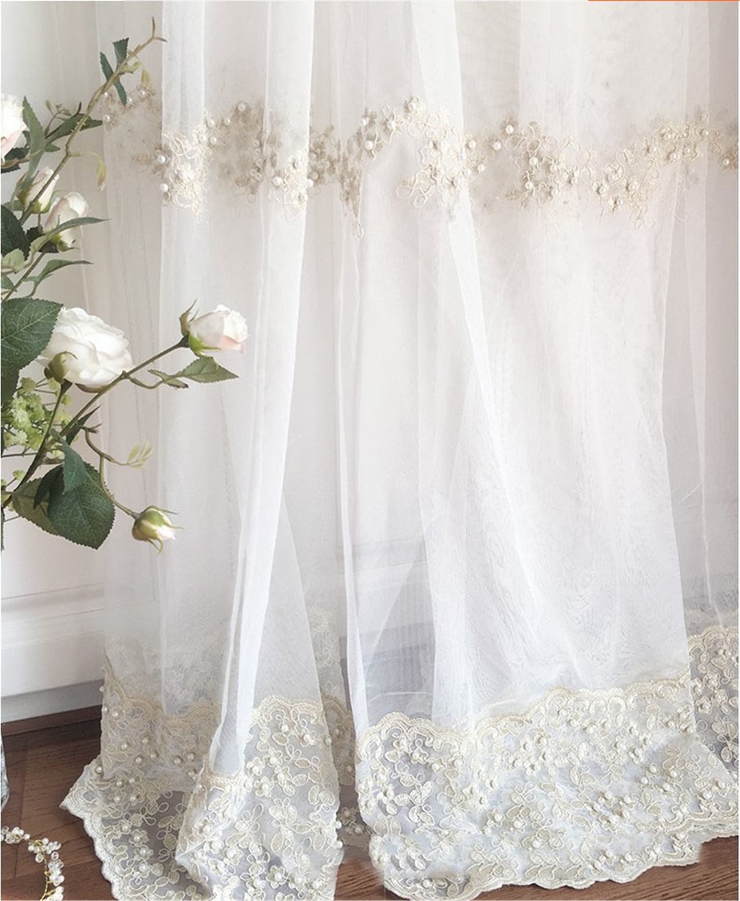 Pearl Beaded White Lace Curtain: Golden Embroidered Cording - Etsy