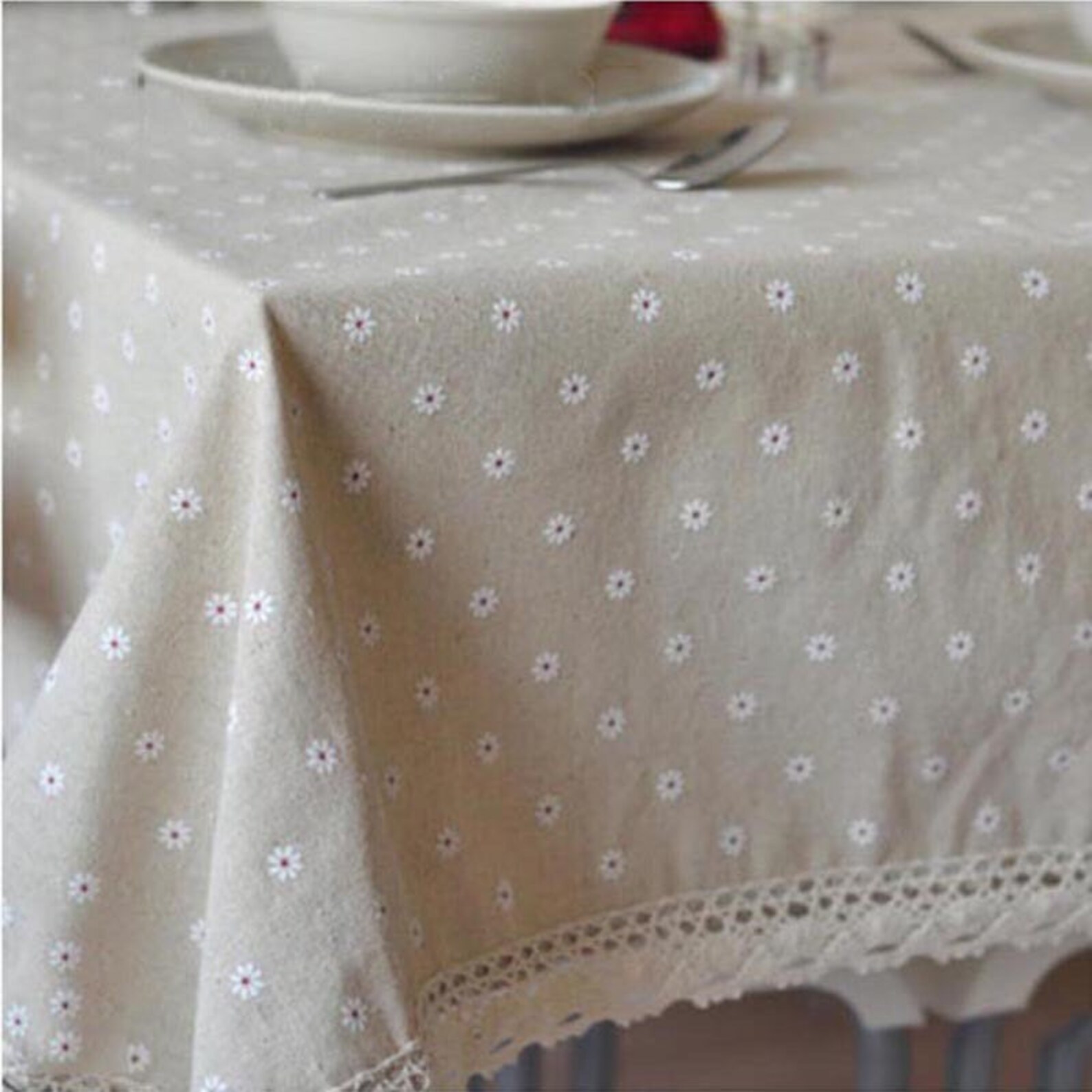 Nature Small White Florals Linen Tablecloth With Lace - Etsy