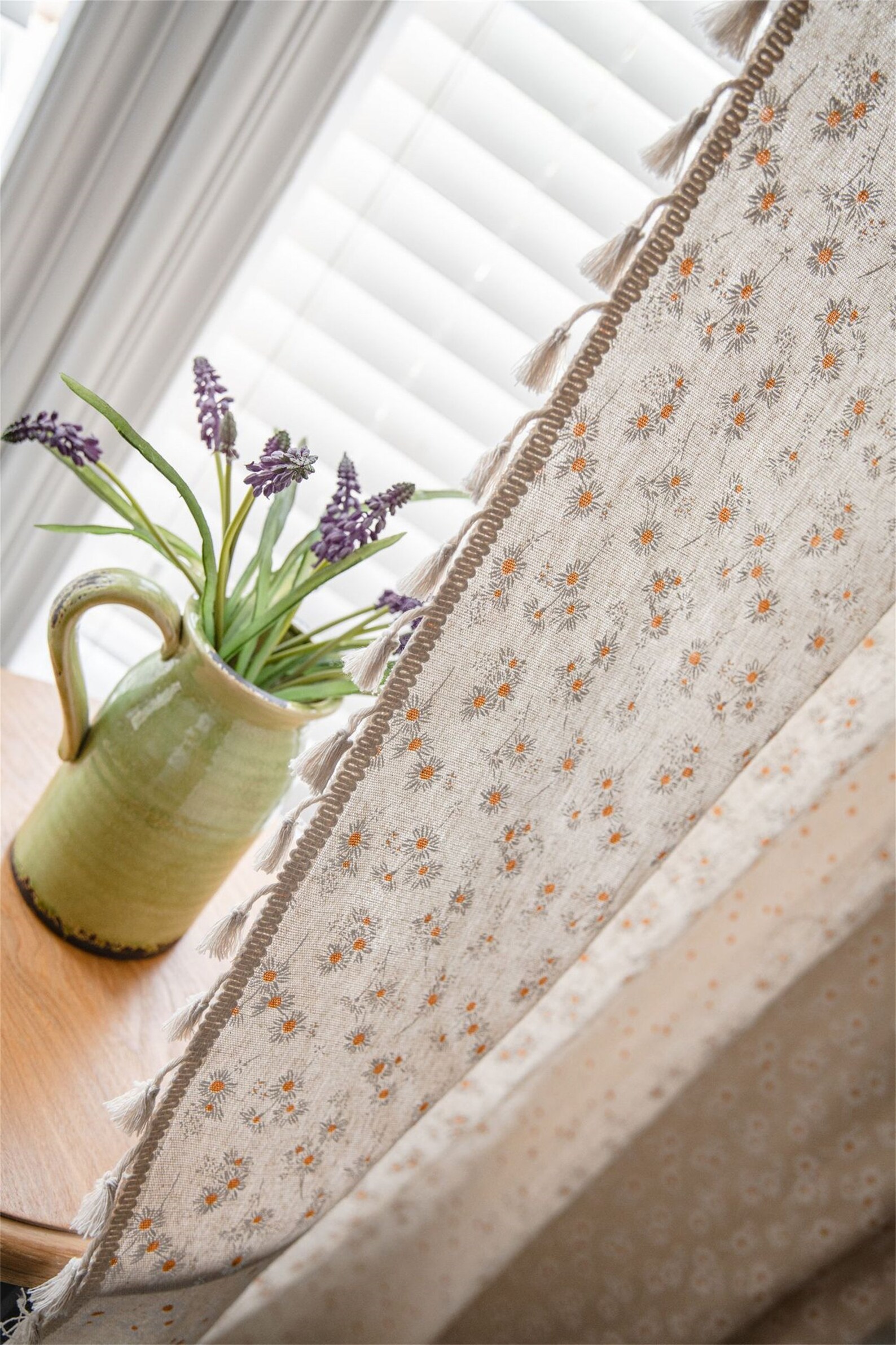 Orange White Daisy Embroidered Beige Linen Cotton Semi Blind - Etsy