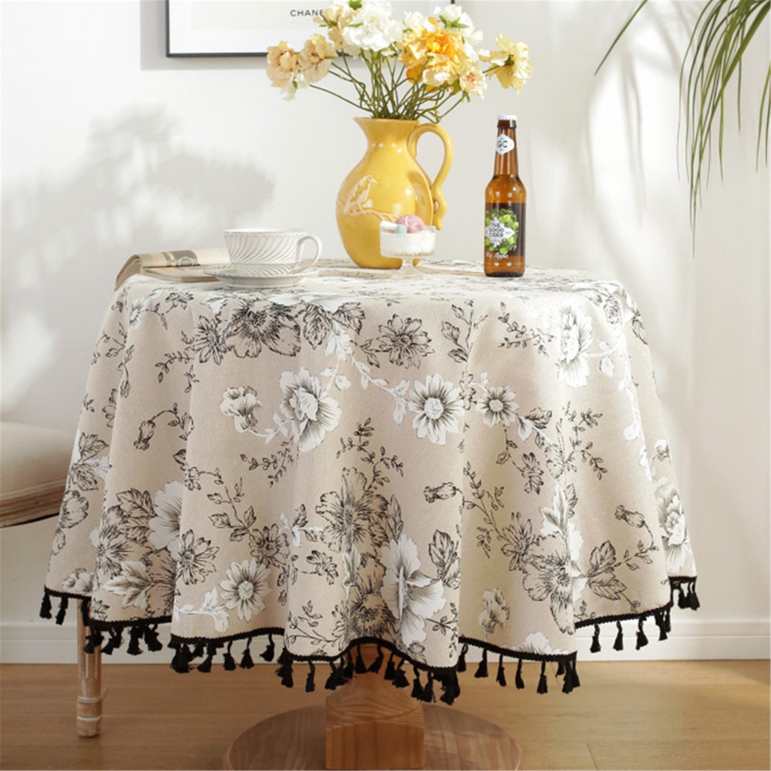 Peony Floral Linen Tablecloth: Round Beige Bohemia Table Cover With ...