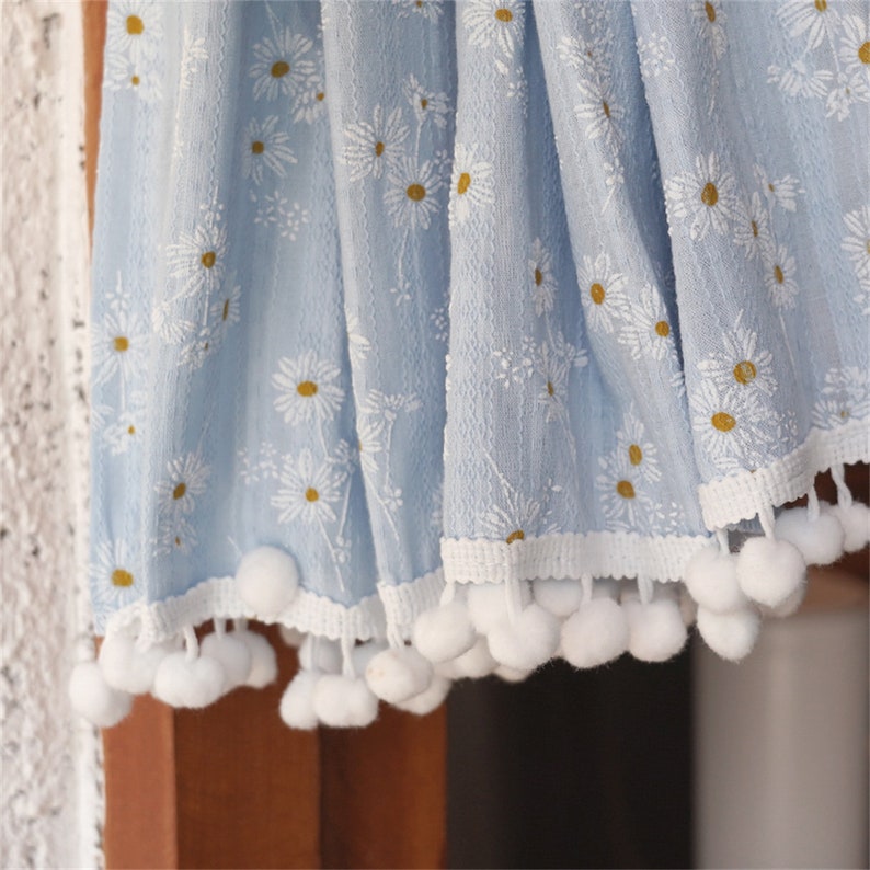 Linen Cafe Curtains: Sky Blue Daisy Print With White Pompom Trim - Etsy