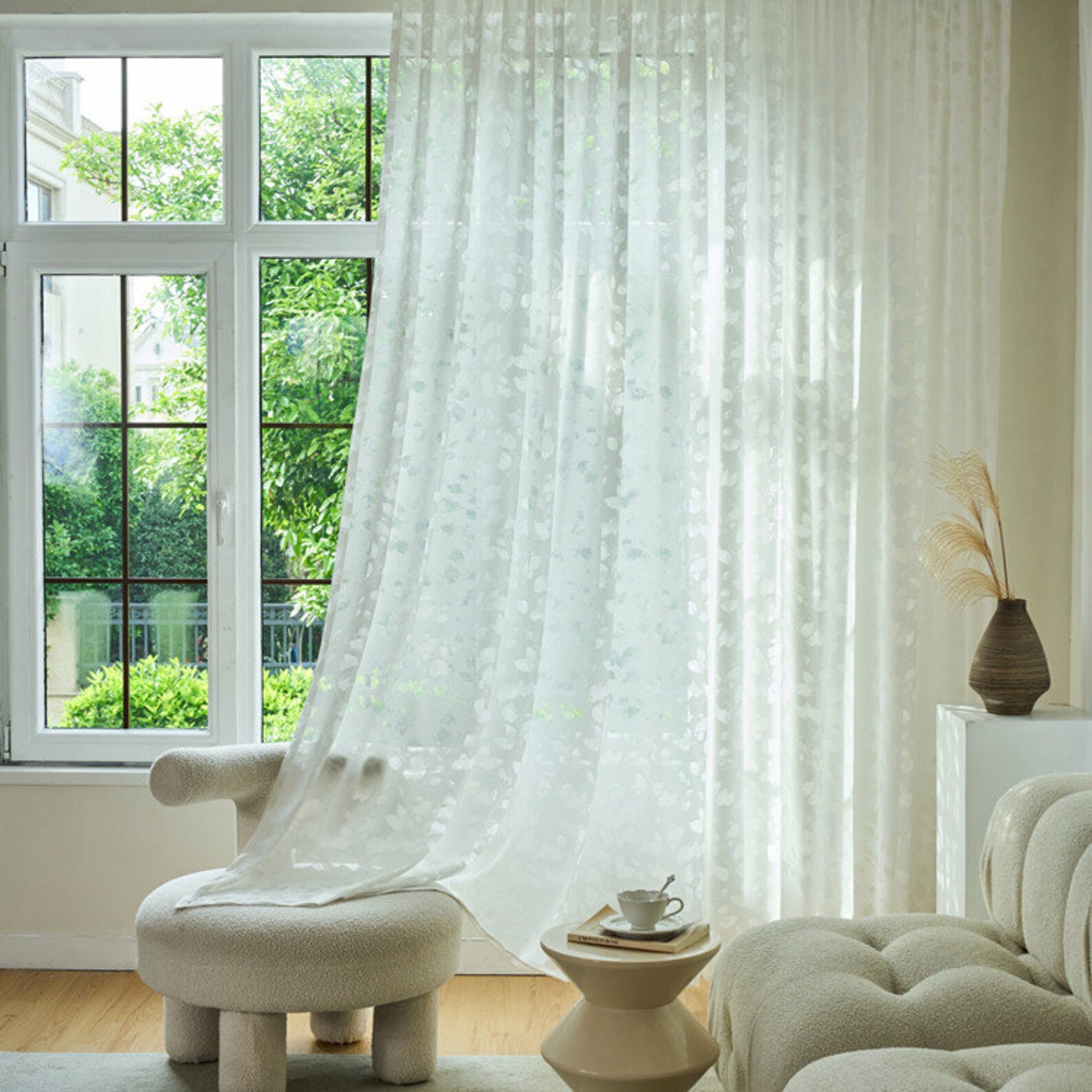 White Leaf Jacquard Sheer Curtain Fabric: Embroidered Lace - Etsy