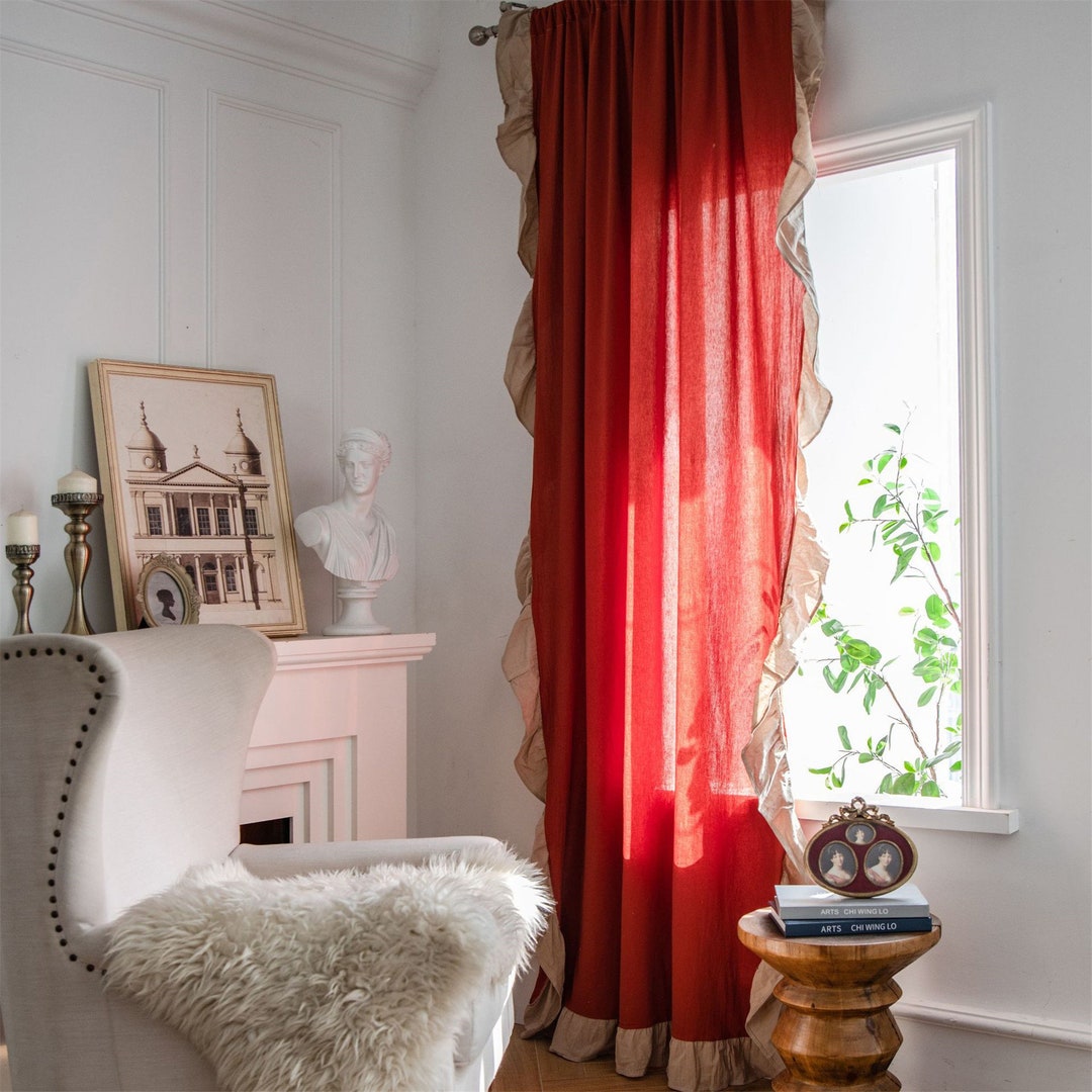 Bohemian Curtain Ethnic Country Solid Orange Ruffled Edges Linen Cotton ...