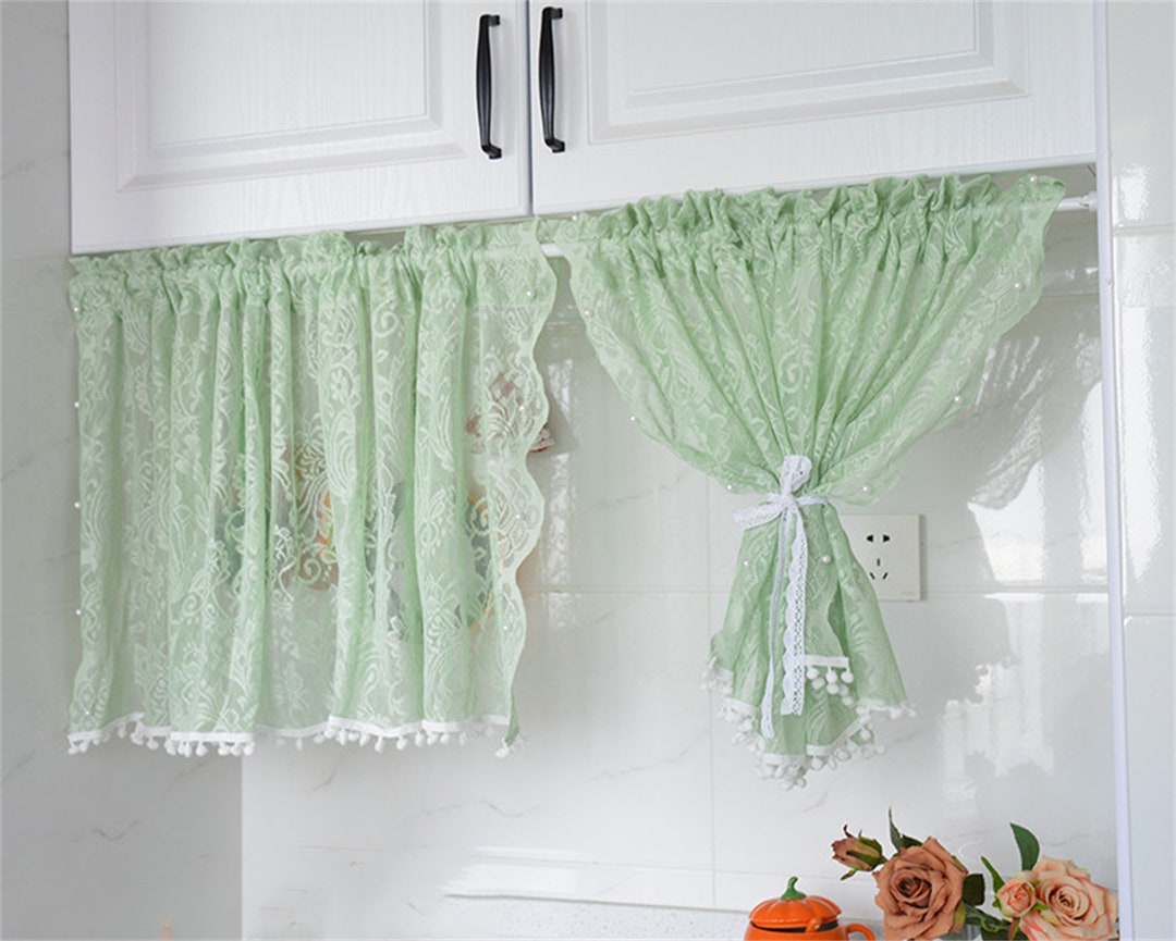 2 Panels Cafe Curtains|french Style Vintage Light Green/white Lace ...