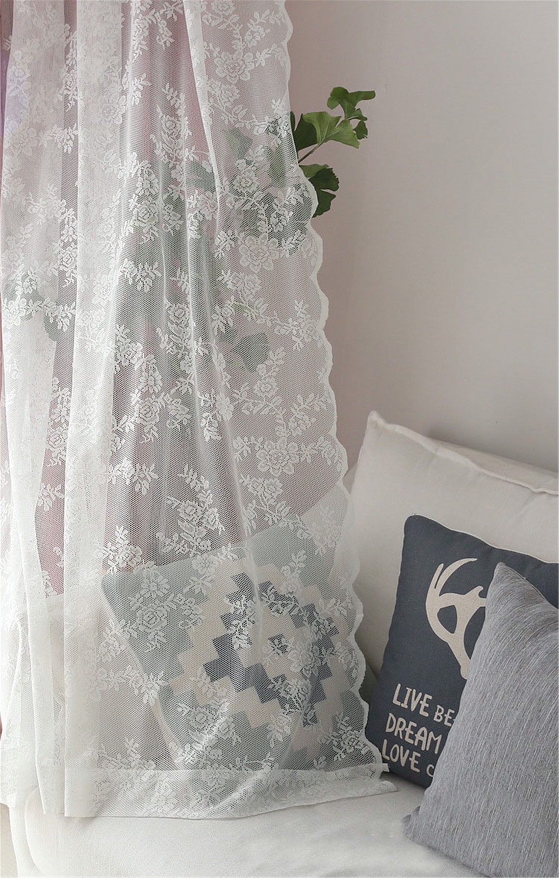 White Rose Embroidery Lace Curtain Fabric: Sheer Wedding Decor - Etsy